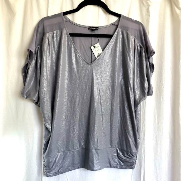 Express | Tops | Express Silver Metallic Shirt With Sheer Shoulders ...
